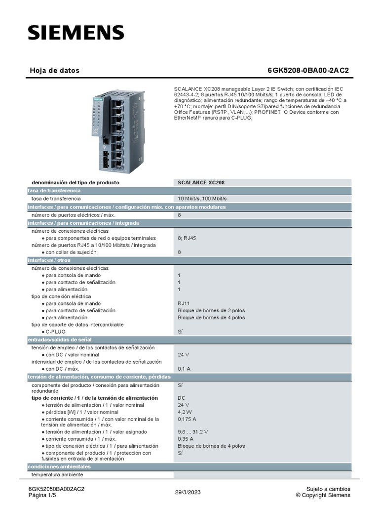 Hoja de Datos 6GK5208-0BA00-2AC2: Denominación Del Tipo de Producto ...