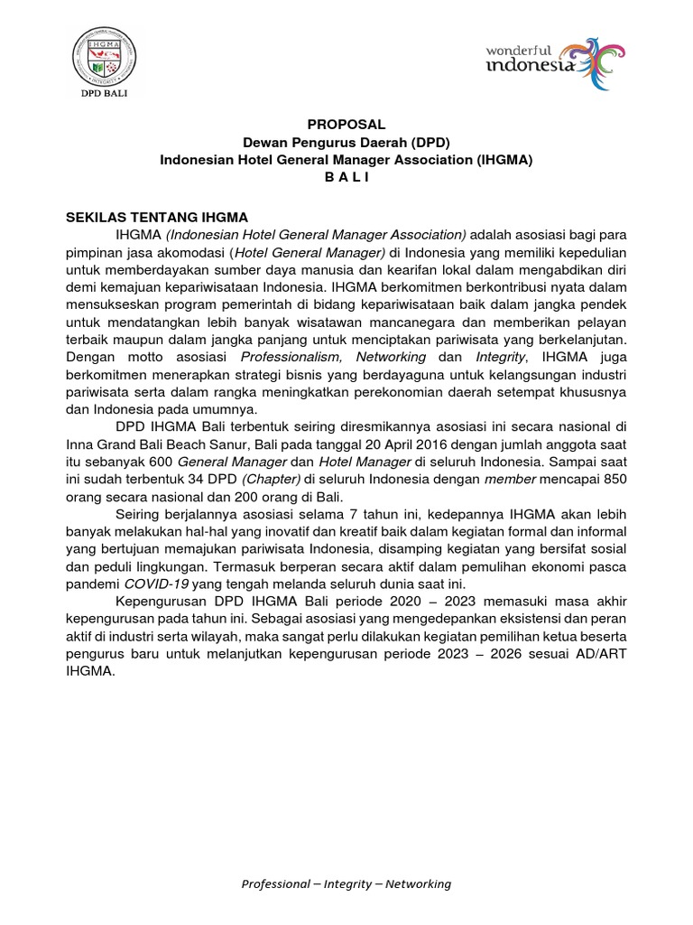 Proposal Dewan Pengurus Daerah (DPD) Indonesian Hotel General Manager Association (IHGMA) Bali | PDF