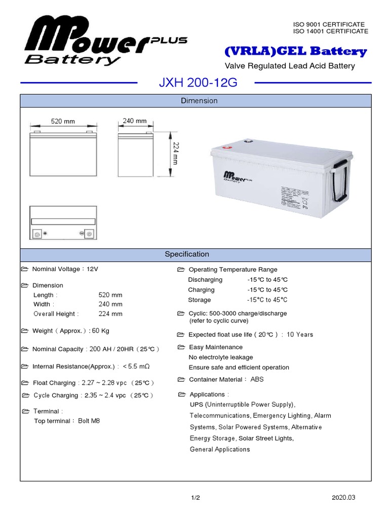 BATERAI GEL-DEEP CYCLE (MPOWER) (JXH 200-12G) 12V 200ah | PDF | Electrical Engineering | Energy ...
