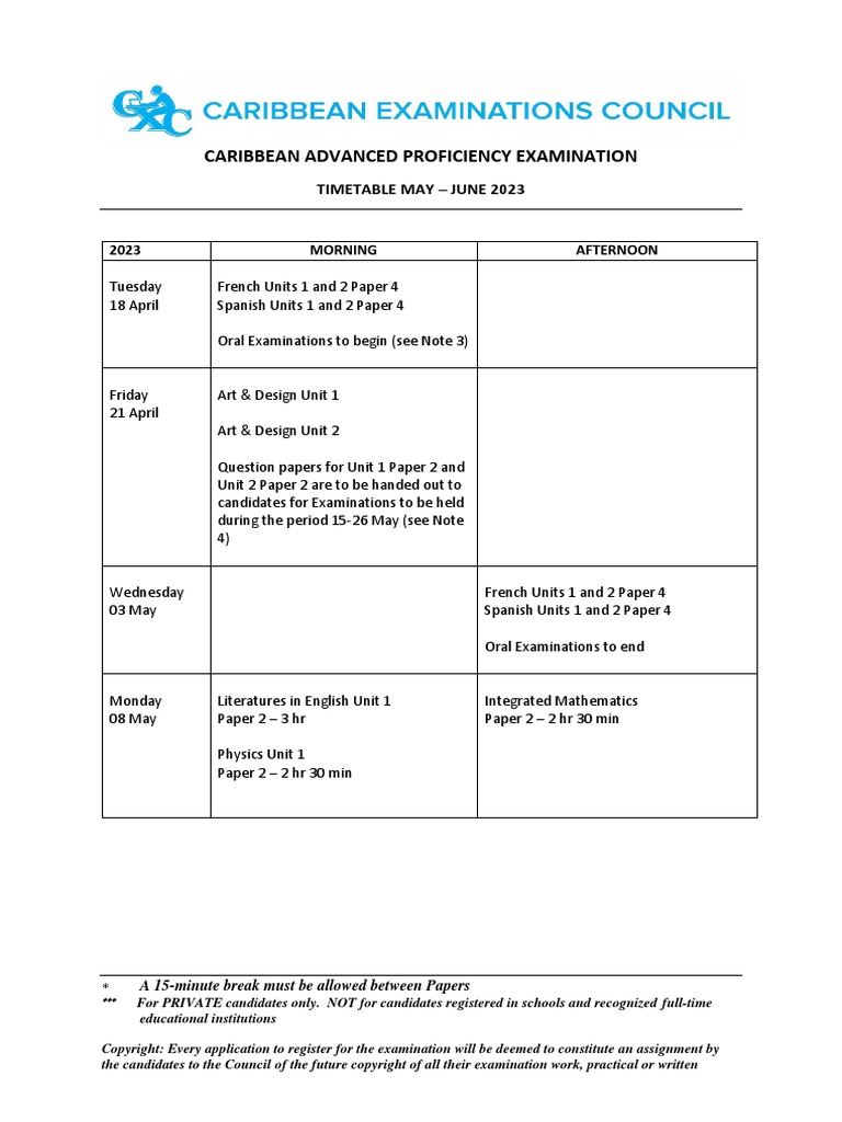 CAPE Timetable May-June 2023 | PDF