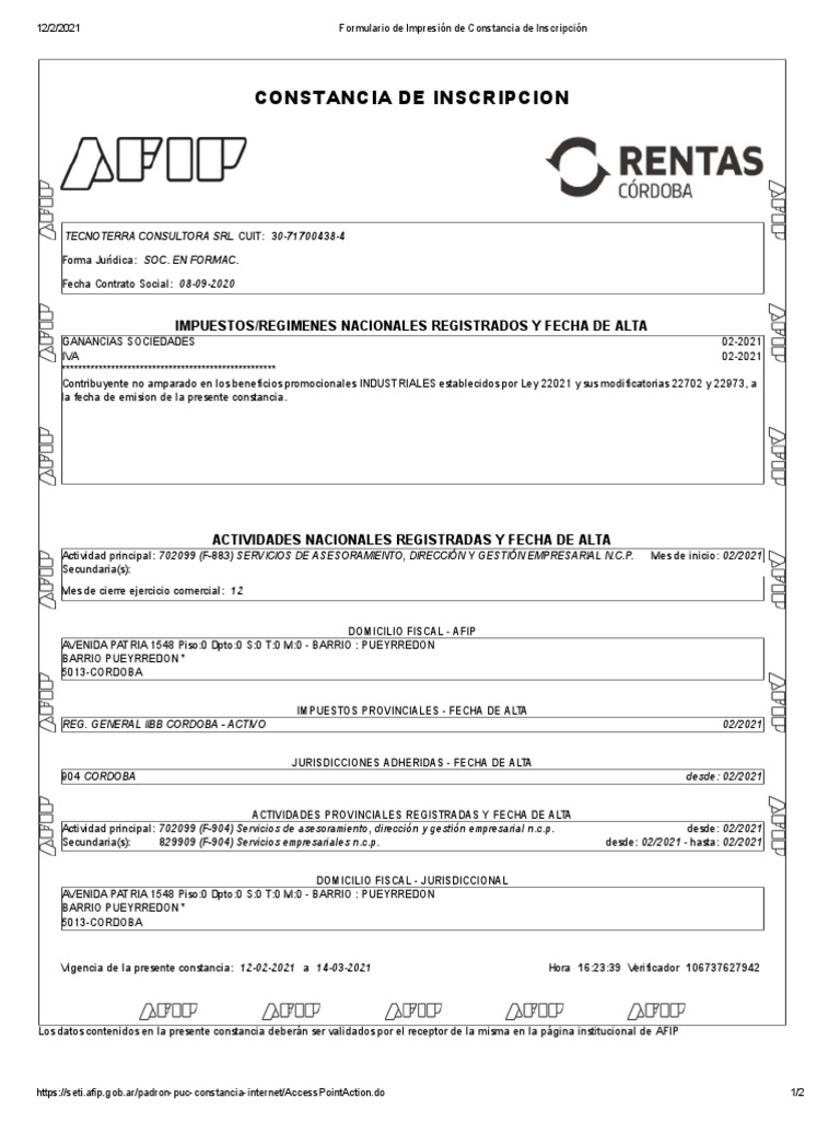 Constancia de Inscripcion AFIP TECNOTERRA SRL 2021-02 | PDF | Gobierno ...