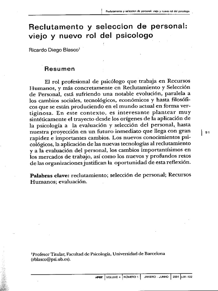 Blasco-Reclutamiento y Seleccion - Viejo y Nuevo Rol Del Psicologo | PDF