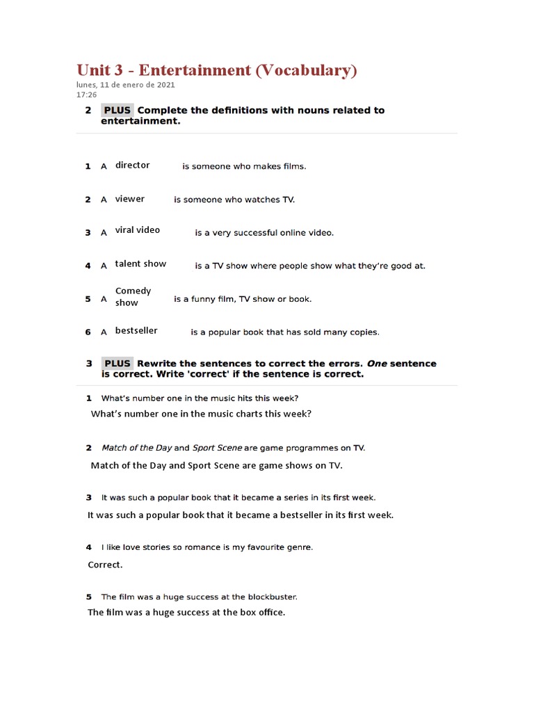 Unit 3-Entertainment (Vocabulary) Homeweork | PDF