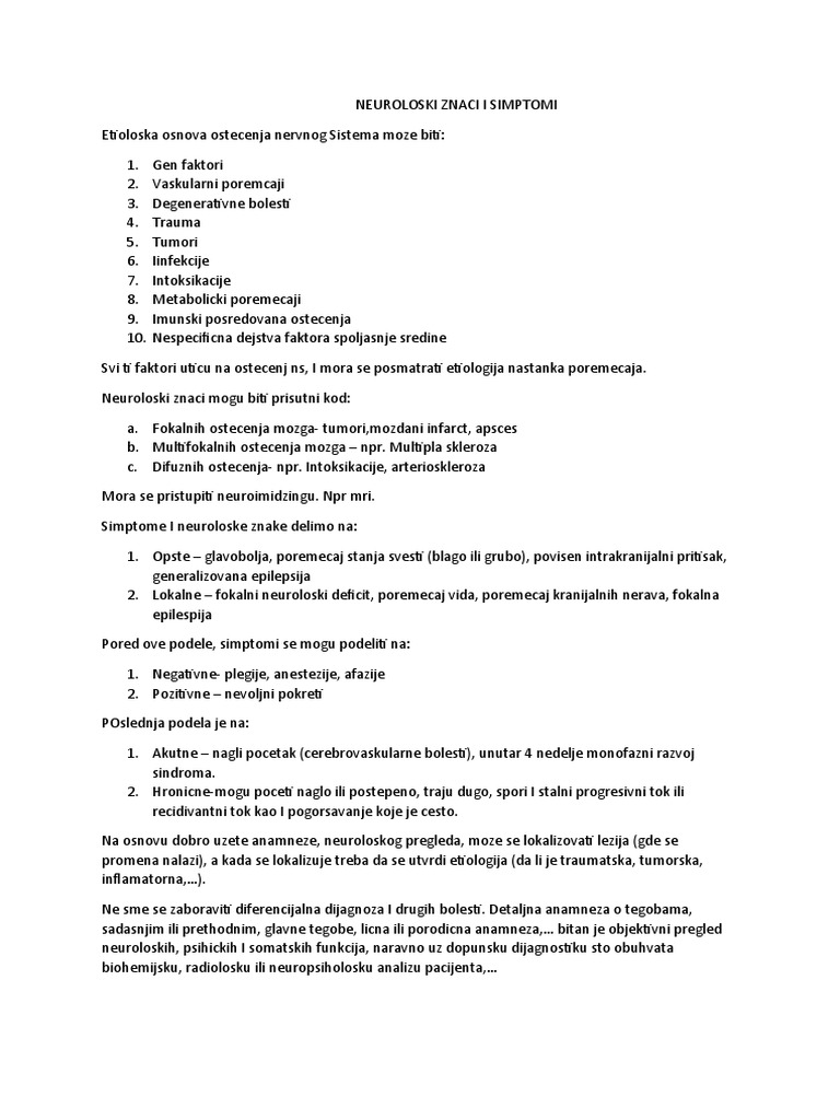 Neuroloski Znaci I Simptomi | PDF