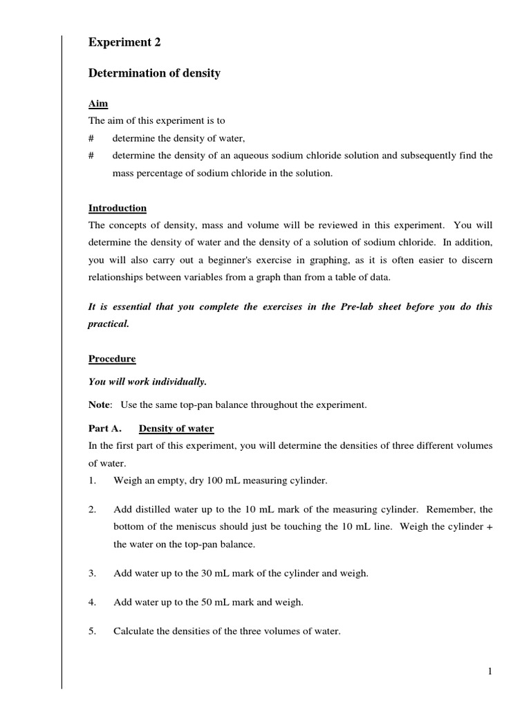 Experiment 2 Determination of Density | PDF | Density | Volume