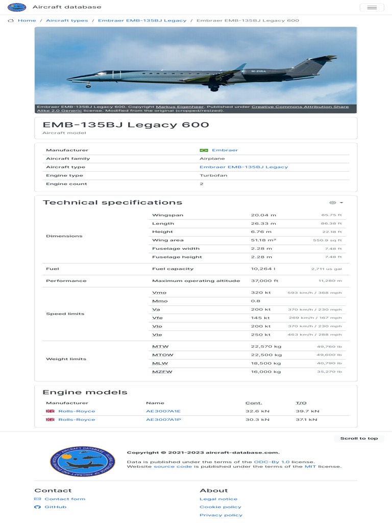 Embraer EMB-135BJ Legacy 600 - Aircraft Database | PDF | Aircraft ...