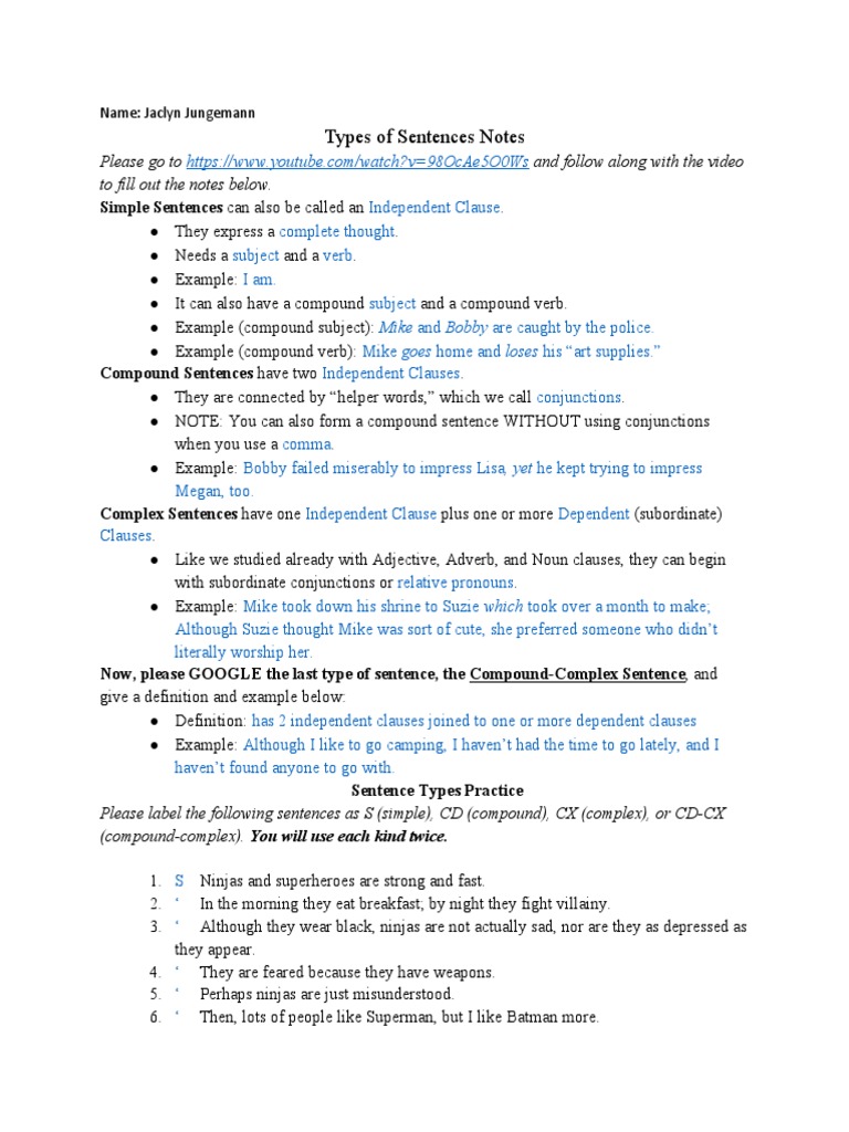 Types of Sentences Notes | PDF | Linguistics | Grammar