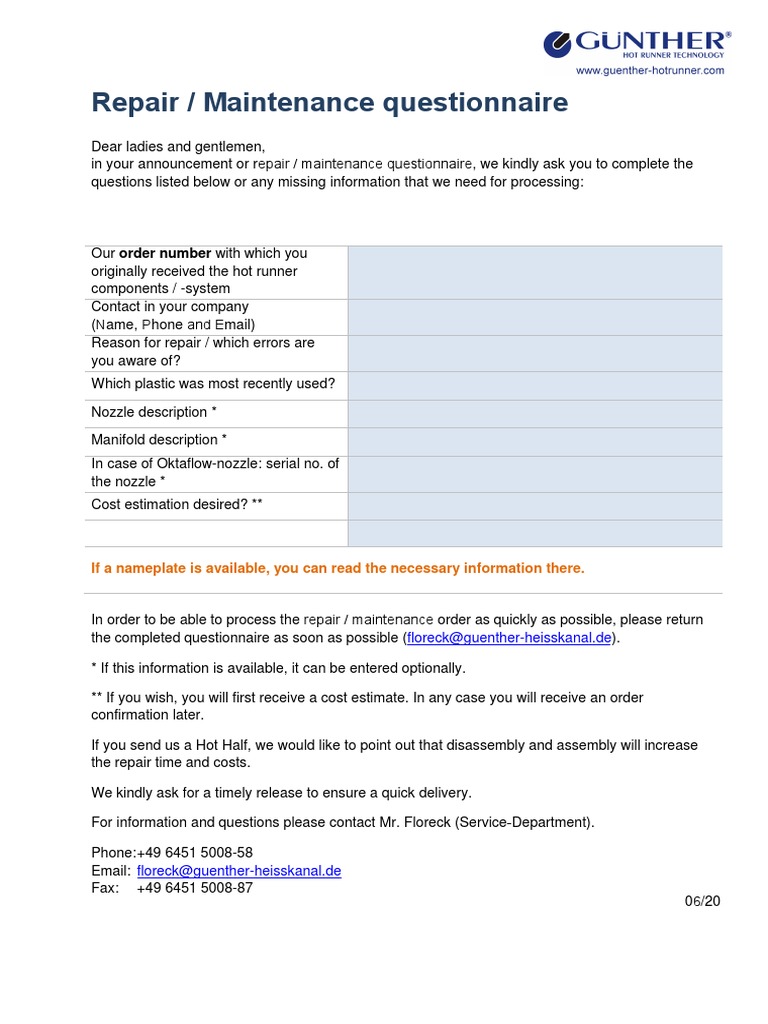 GUENTHER - Repair Maintenance Questionnaire - EN - 2020 06 03 | PDF