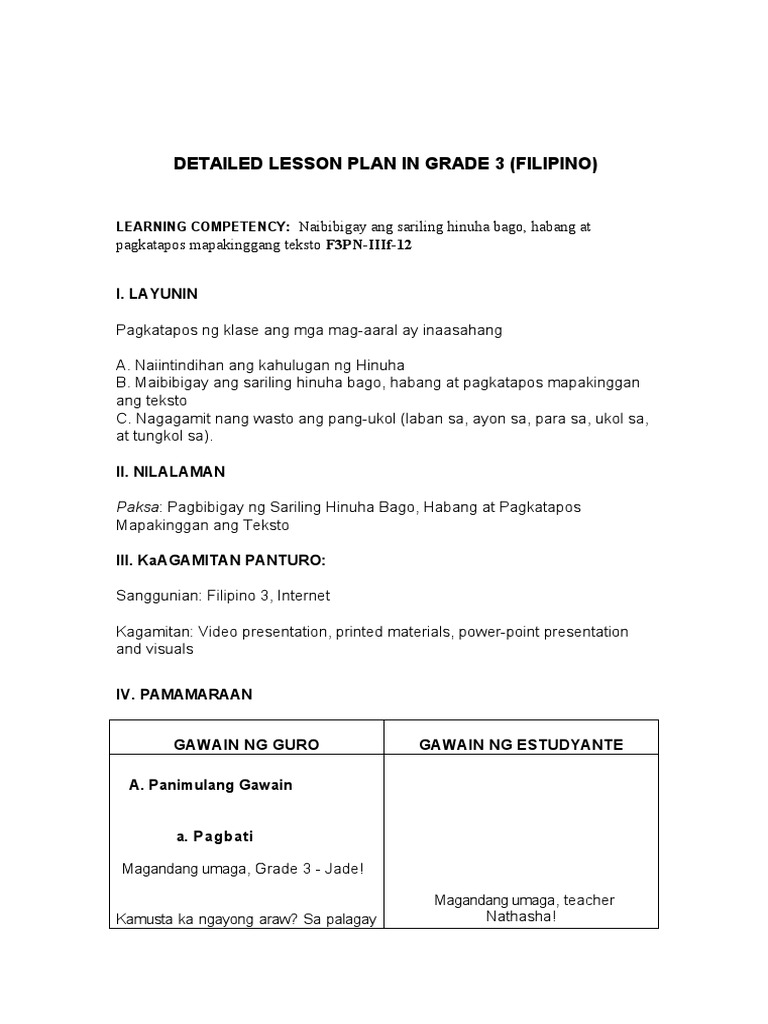 Detailed Lesson Plan in Grade 3 (Filipino) : I. Layunin | PDF