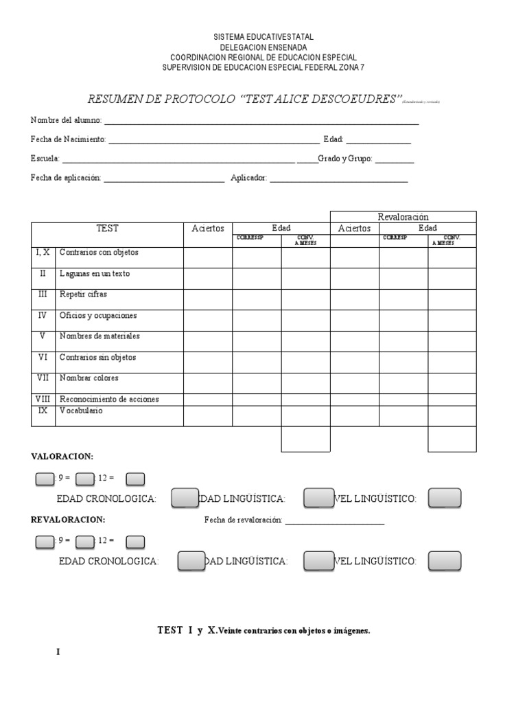 Test Alice Descoeudres Protocolo | PDF