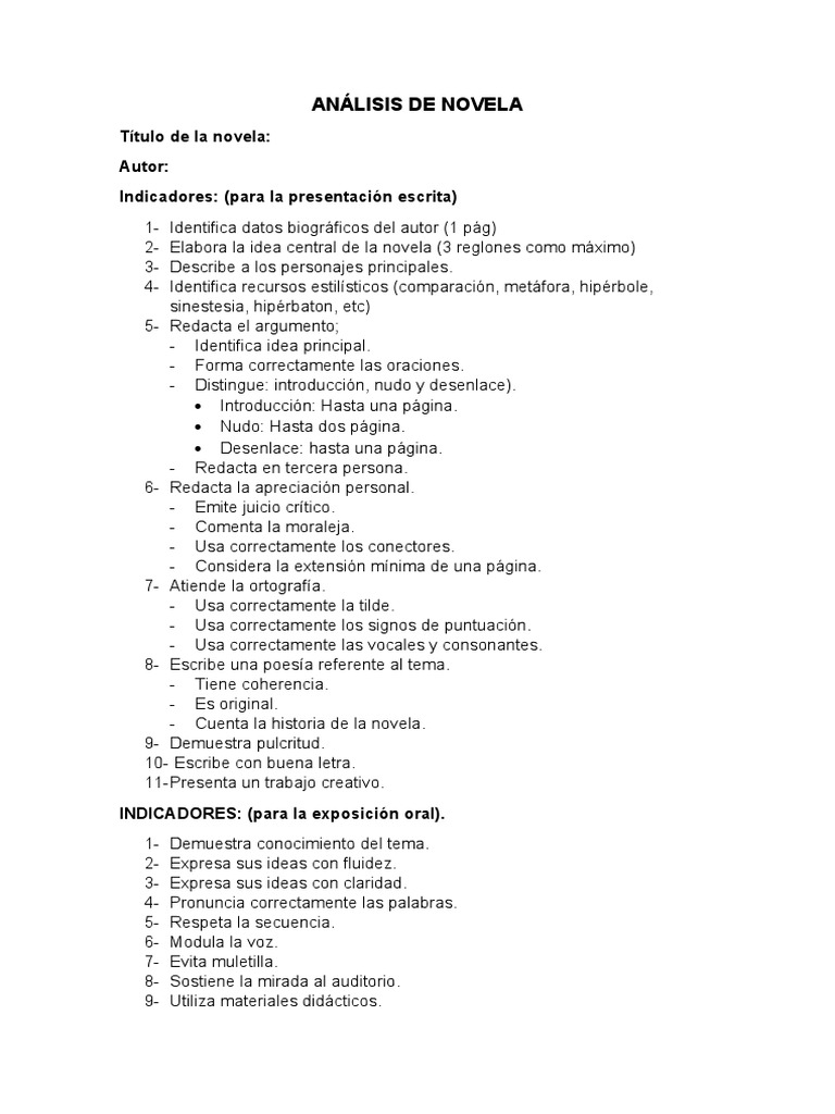 Análisis de Novela - Indicadores, Nivel Medio. | PDF