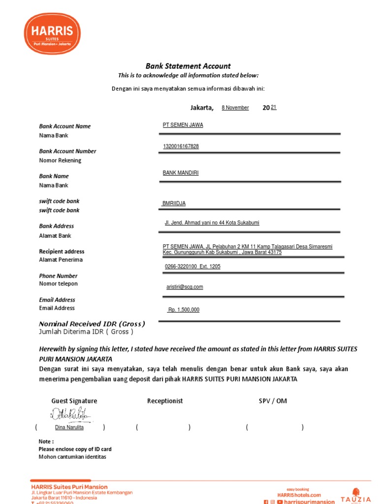 Claim Refund Form SEMEN JAWA - Harris Hotel | PDF