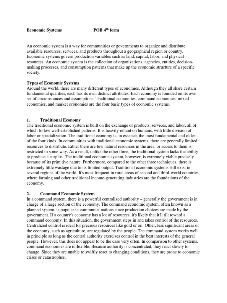Economic Systems POB 4th Form | PDF | Economic System | Market (Economics)
