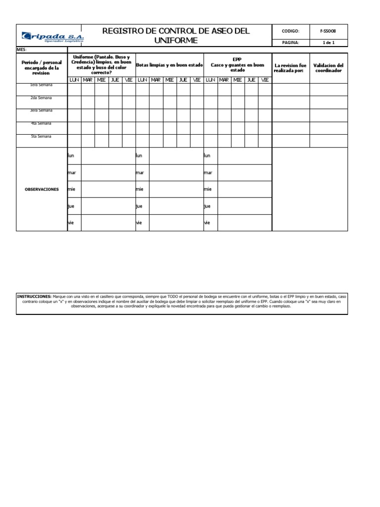 Registro de Control de Aseo Del Uniforme | PDF