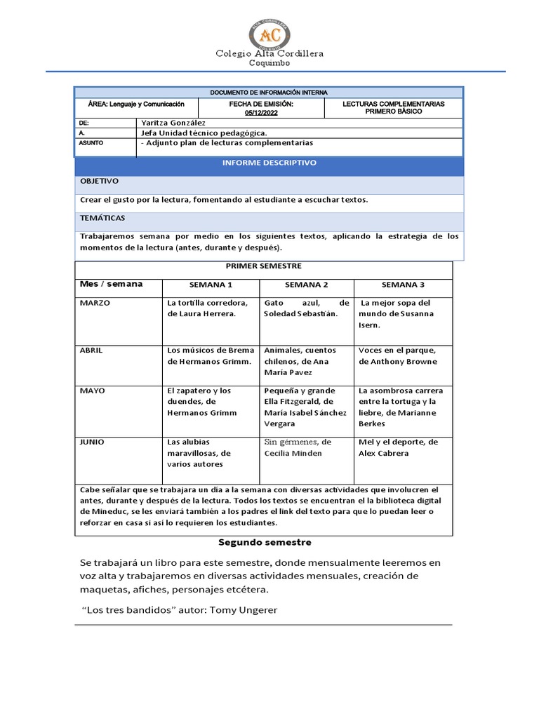 Lecturas Complementarias 2023 1° Básico | PDF