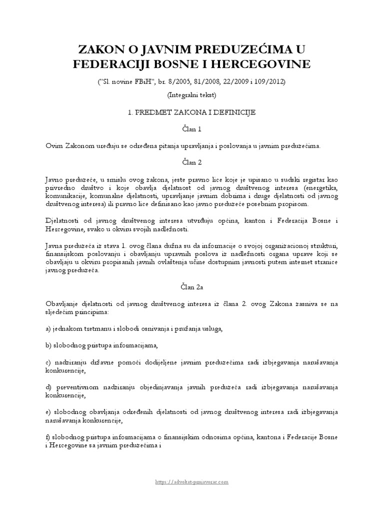 Zakon o Javnim Preduzecima U Federaciji BiH | PDF