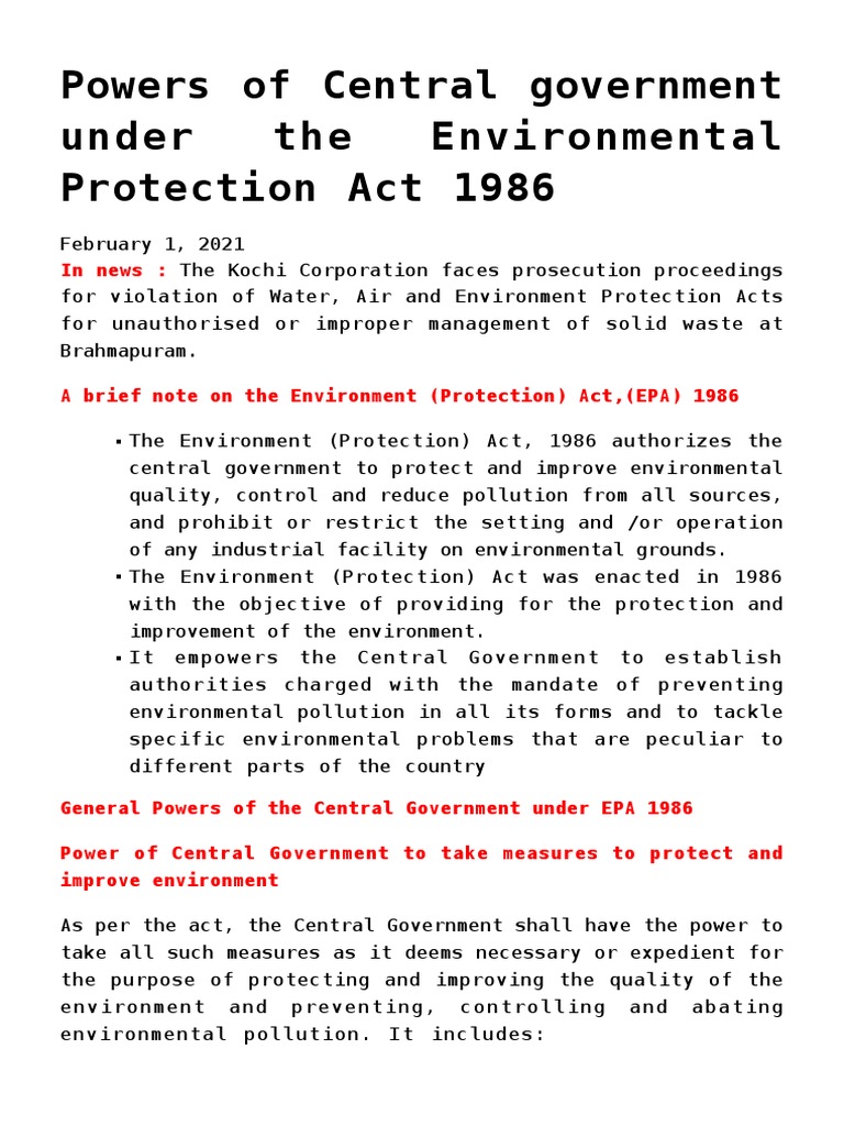Powers of Central Government Under The Environmental Protection Act ...