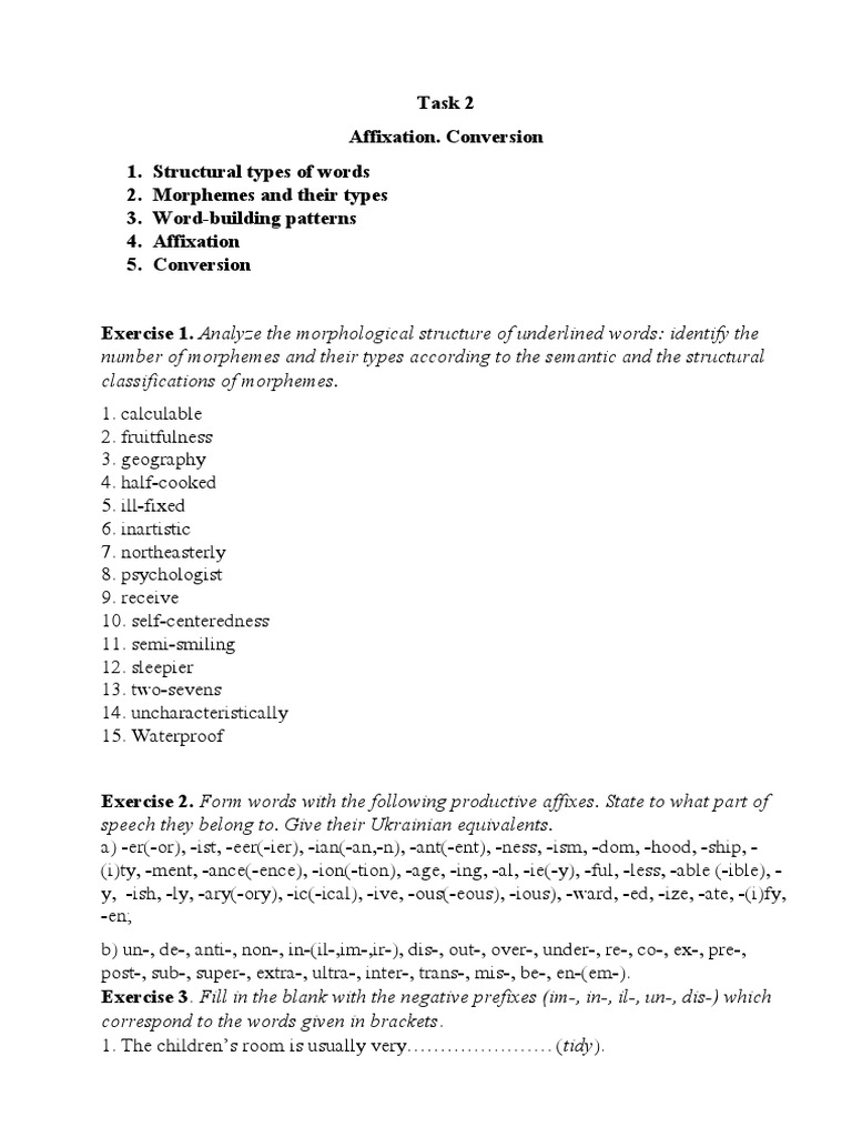 Task 2. Affixation. Conversion | PDF | Word | Linguistics