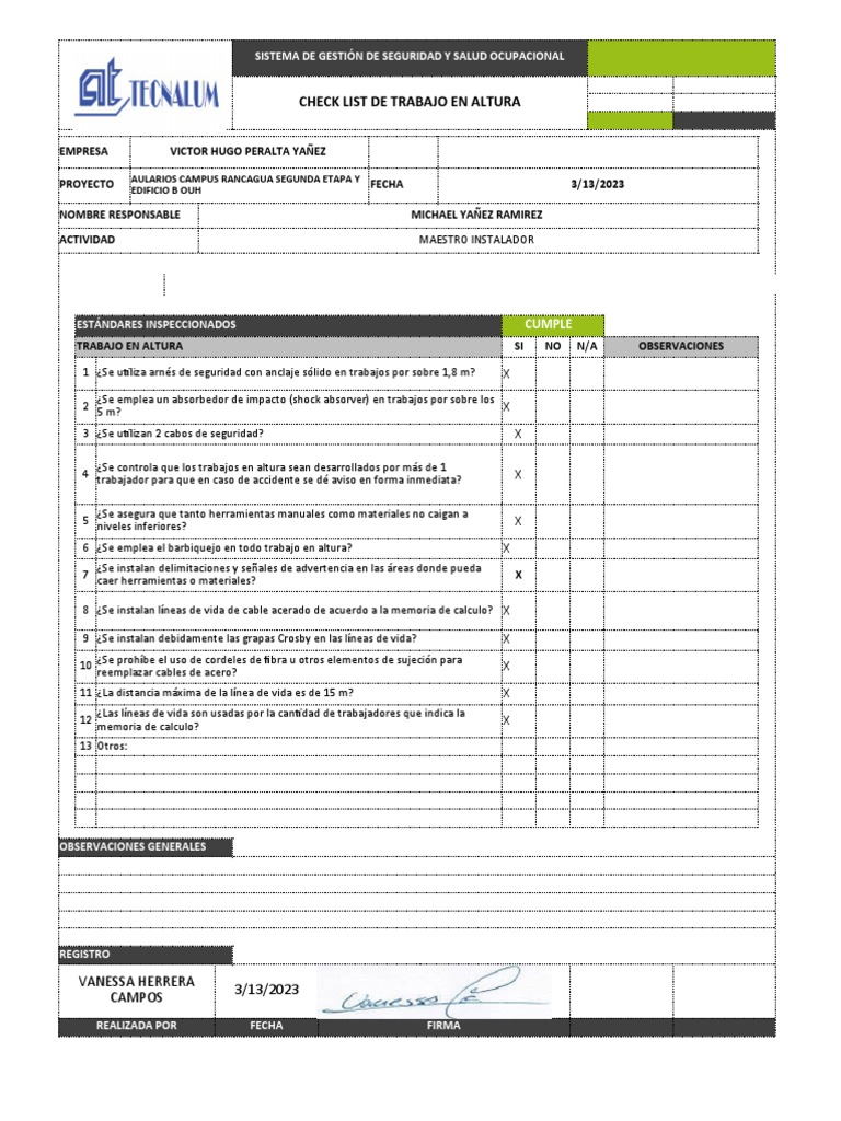 SGSSO-PG-20-R-01 Check List Trabajos en Altura VICTOR HUGO PERALTA ...