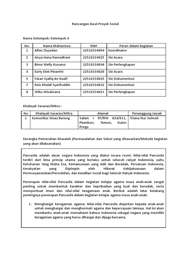 Rancangan Awal Projek Sosial (Kelompok 4) | PDF