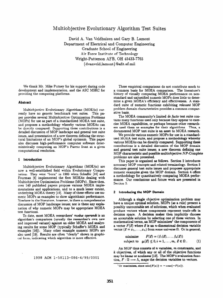 Multiobjective Evolutionary Algorithm Test Suites Pdf Mathematical