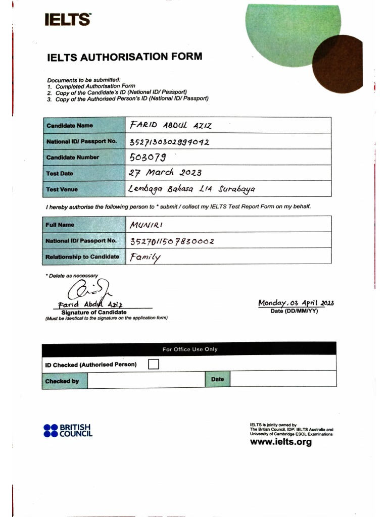 IELTS Authorisation Form | PDF
