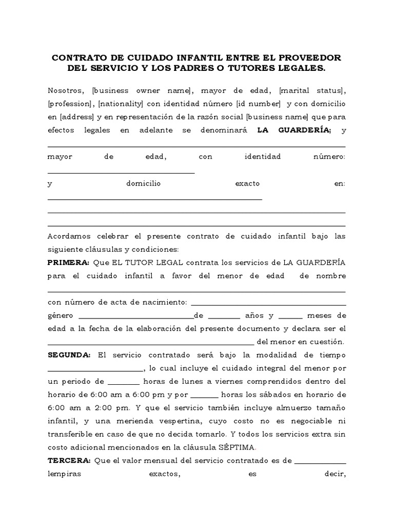 Contrato de Cuidado Infantil Entre El Proveedor Del Servicio Y Los ...