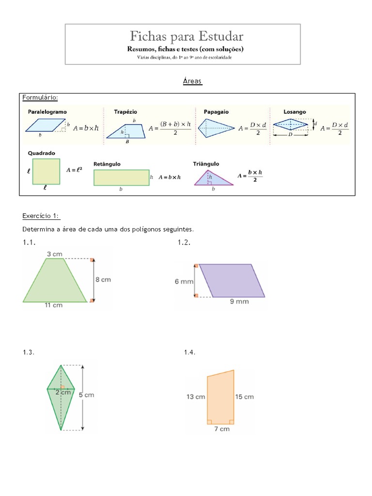Fichas de Matemática: Cálculo de Áreas | PDF
