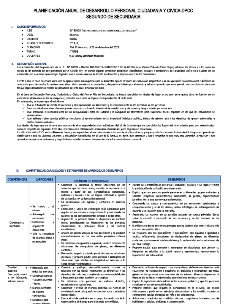 Planificación Anual de Desarrollo Personal Ciudadania Y Civica-Dpcc Segundo de Secundaria | PDF