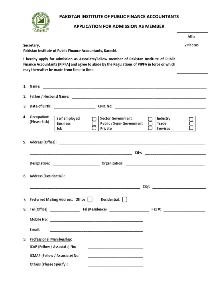PIPFA Membership Application Form | PDF | Finance & Money Management
