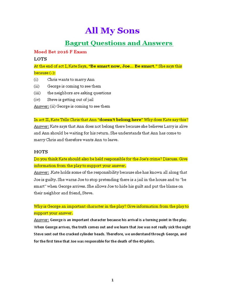 All My Sons: Bagrut Questions and Answers | PDF