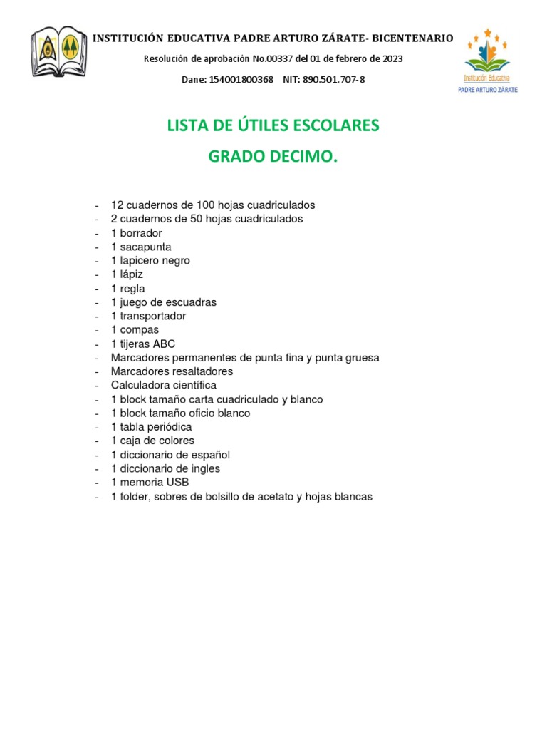 Lista de Útiles Escolares Grado Decimo | PDF