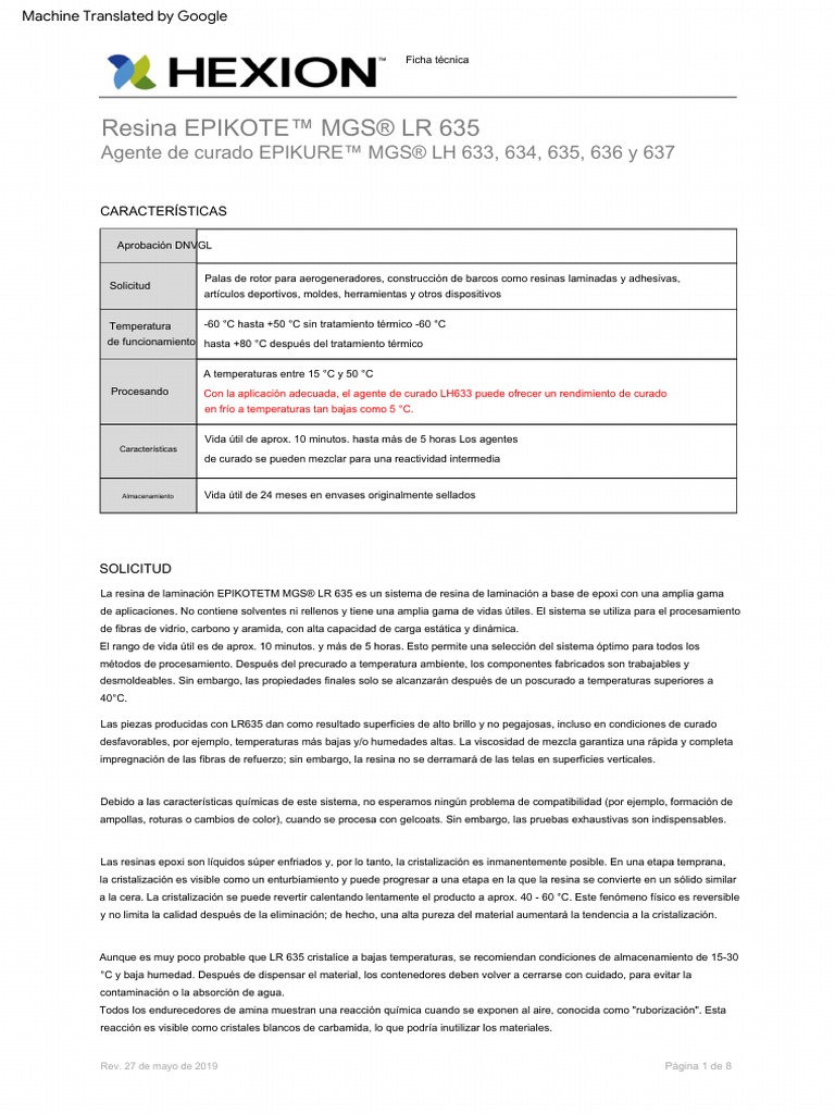 Hexion MGS L635 RESINA EPOXY FICHA DATOS DE SEGURIDAD (1) | PDF | Cristalización | Química Física