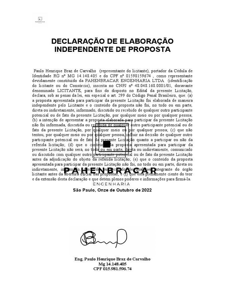 Declaração de Elaboração Independente de Proposta | PDF