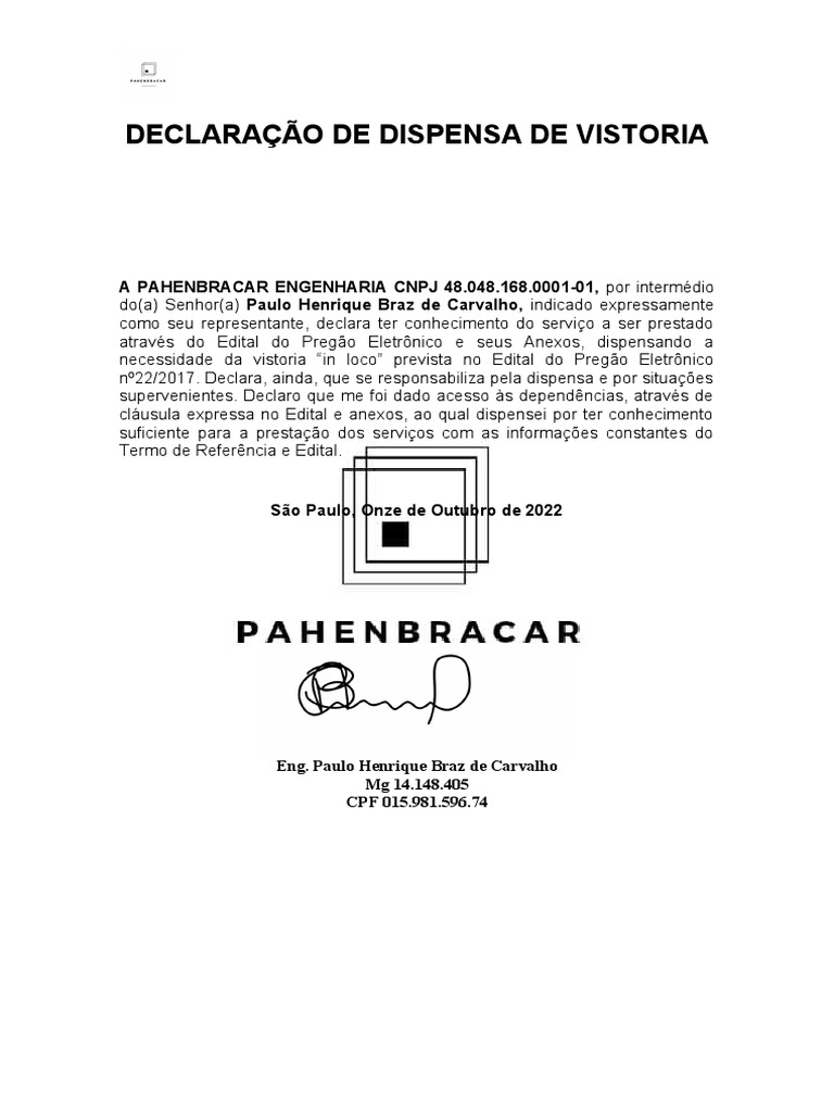 Declaração de Dispensa de Vistoria | PDF