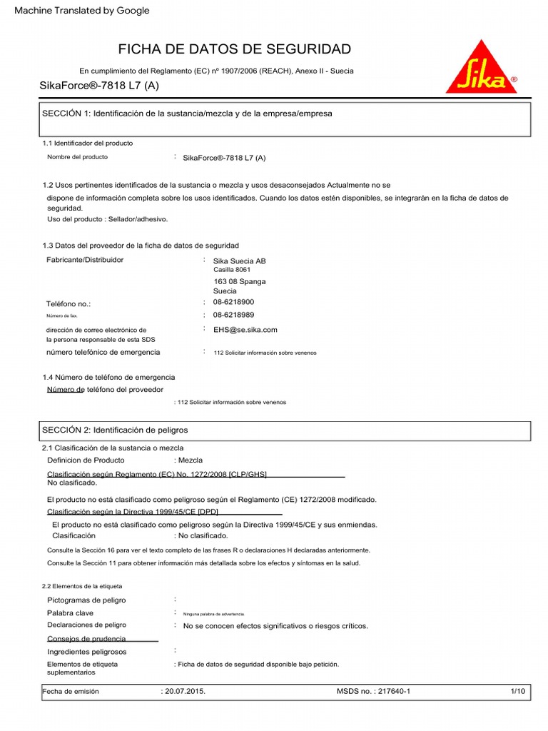 SikaForce-7818-L7-A-ENG-SDS PEGAMENTO DE UNION | PDF | Residuos ...