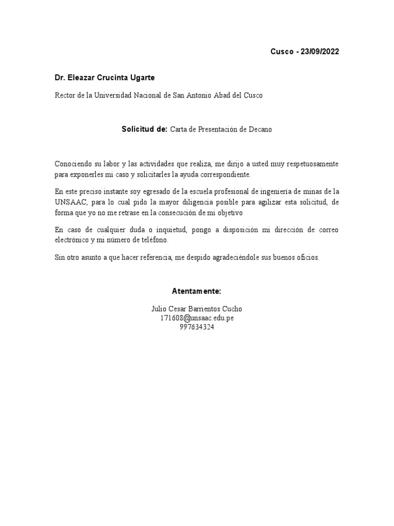 Solicitud Dirigida Al Rector | PDF