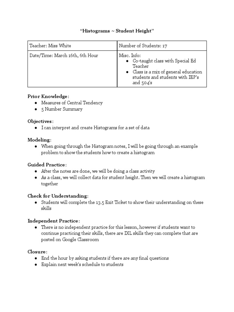 Histograms Lesson Plan Pdf