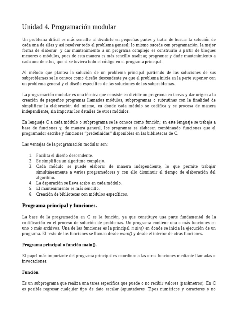 Unidad 4. Programación Modular: Programa Principal y Funciones | PDF | Programación | Programa ...