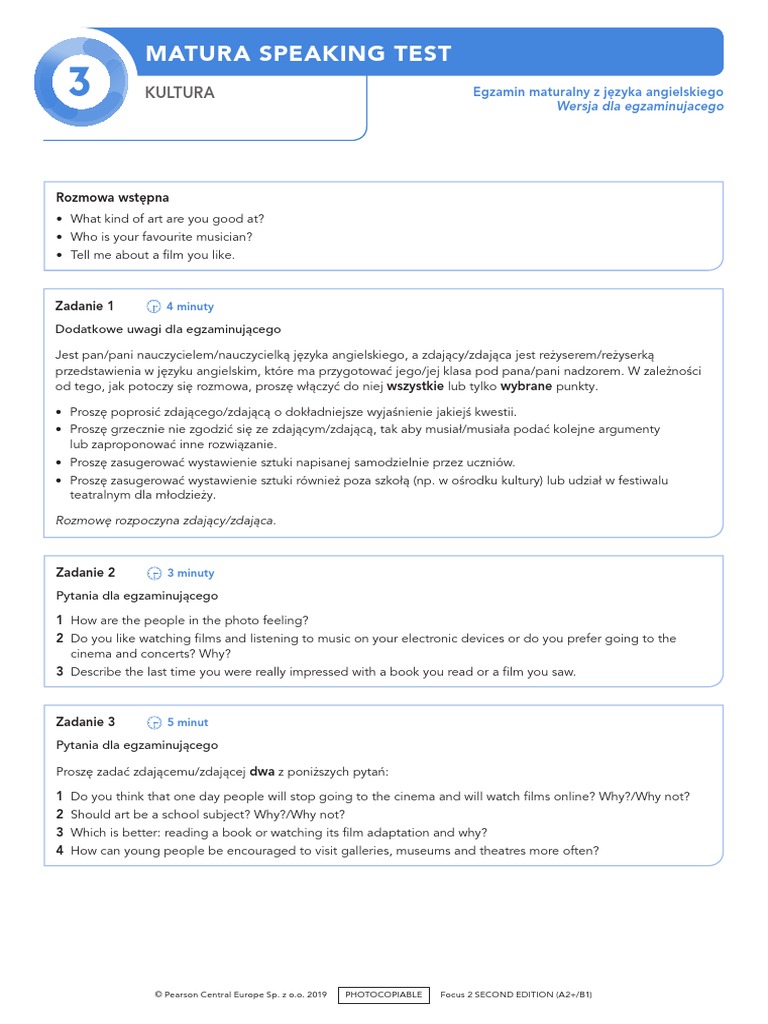 Focus 2 2ed Matura Speaking Unit 3 For Teacher | PDF