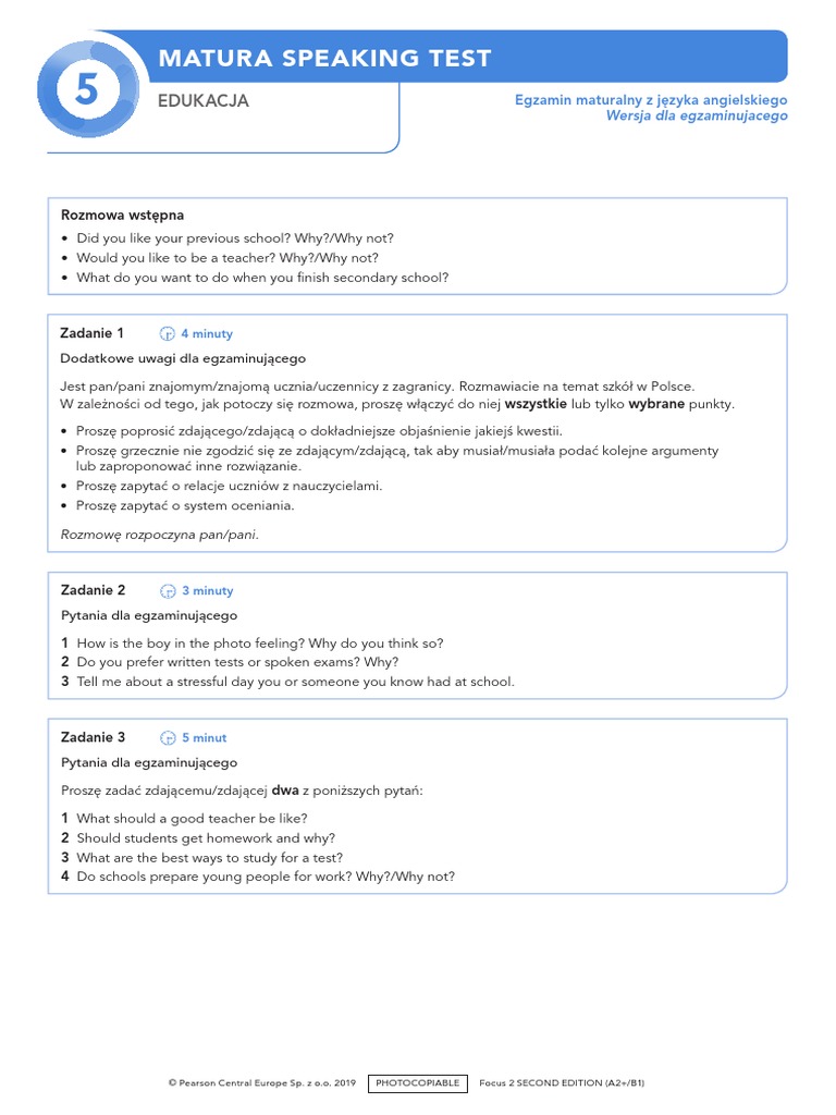 Focus 2 2ed Matura Speaking Unit 5 For Teacher | PDF