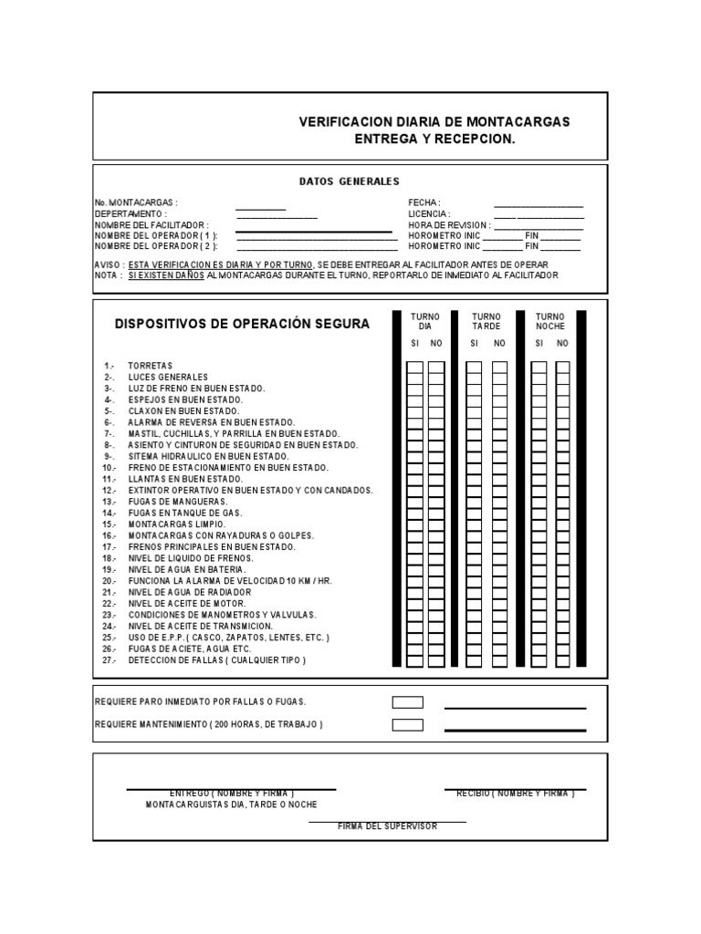 Daily Forklift Check-In and Check-Out Form | PDF | Vehículos