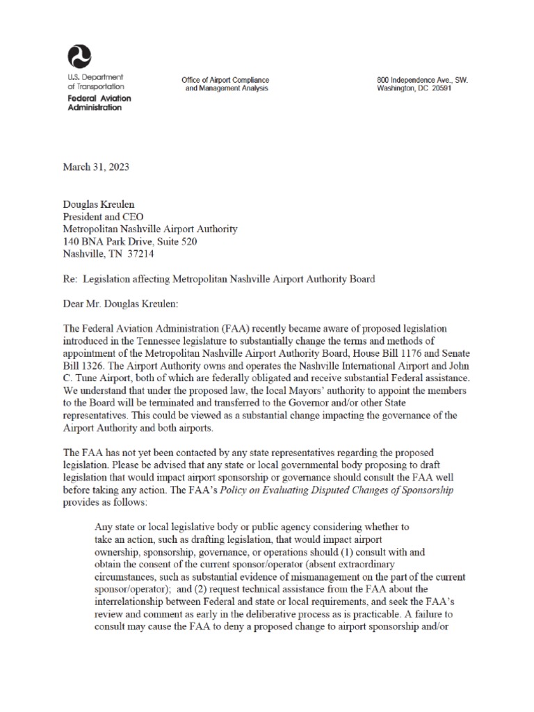 Federal Aviation Administration Letter On House Bill 1176. | PDF