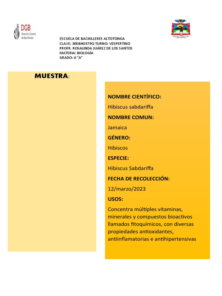 Muestra: Nombre Científico: Nombre Comun: Género: Especie: Fecha de ...