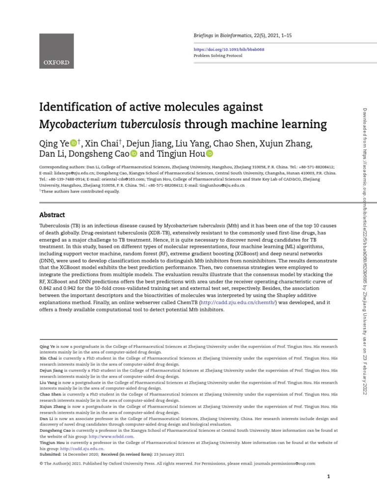 Identification of Active Molecules Against: Mycobacterium Tuberculosis Through Machine Learning ...