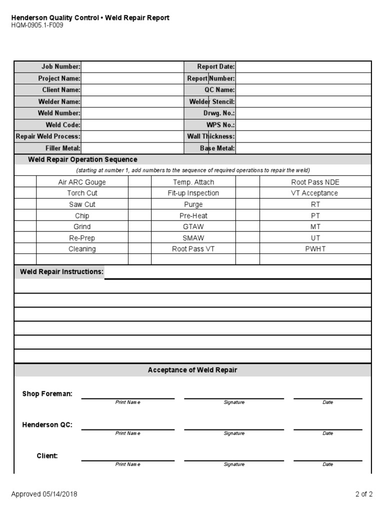 Henderson Quality Control - Weld Repair Report: HQM-0905.1-F009 | PDF ...