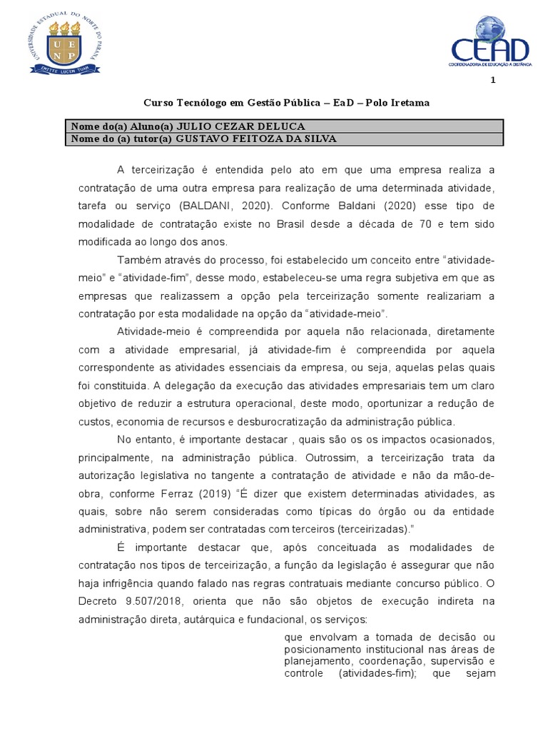 Pesquisa Julio Cezar Deluca | PDF | Terceirização | Administração pública