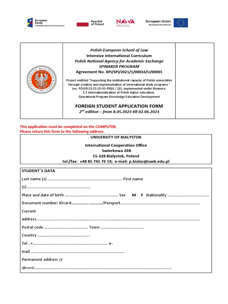Foreign Student Application Form: Intensive International Curriculum Agreement No | PDF ...