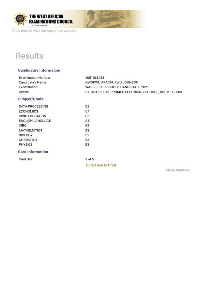 Waecdirect Online - Results | PDF