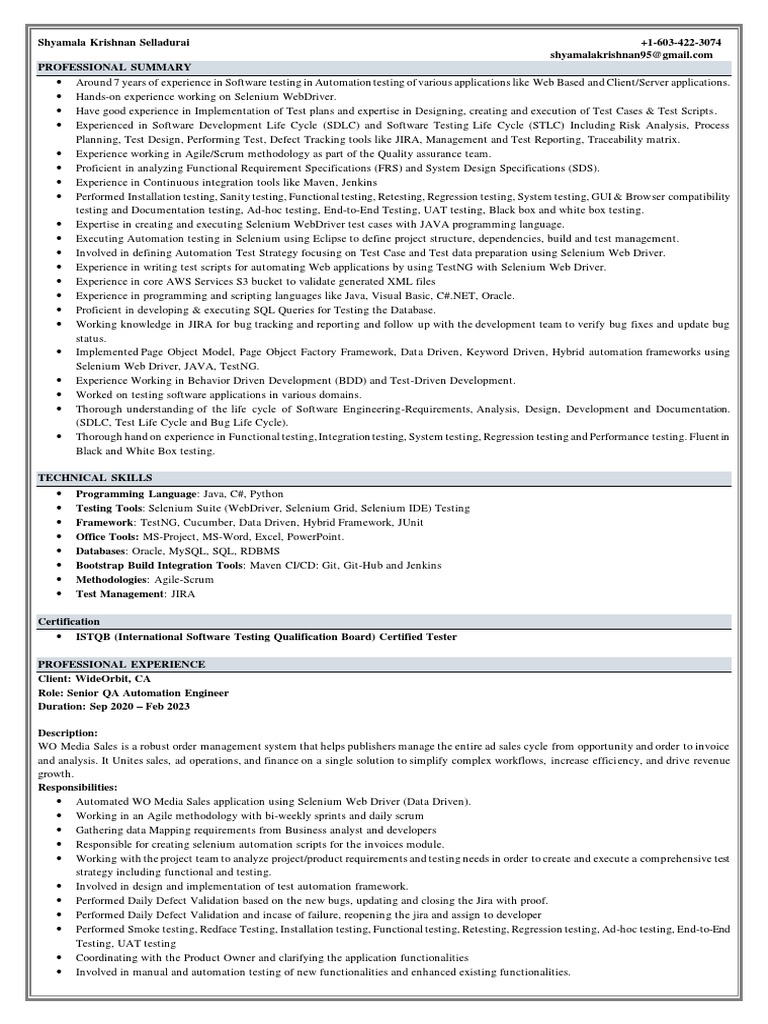 Shyamala Krishnan Resume | PDF | Software Testing | Selenium (Software)